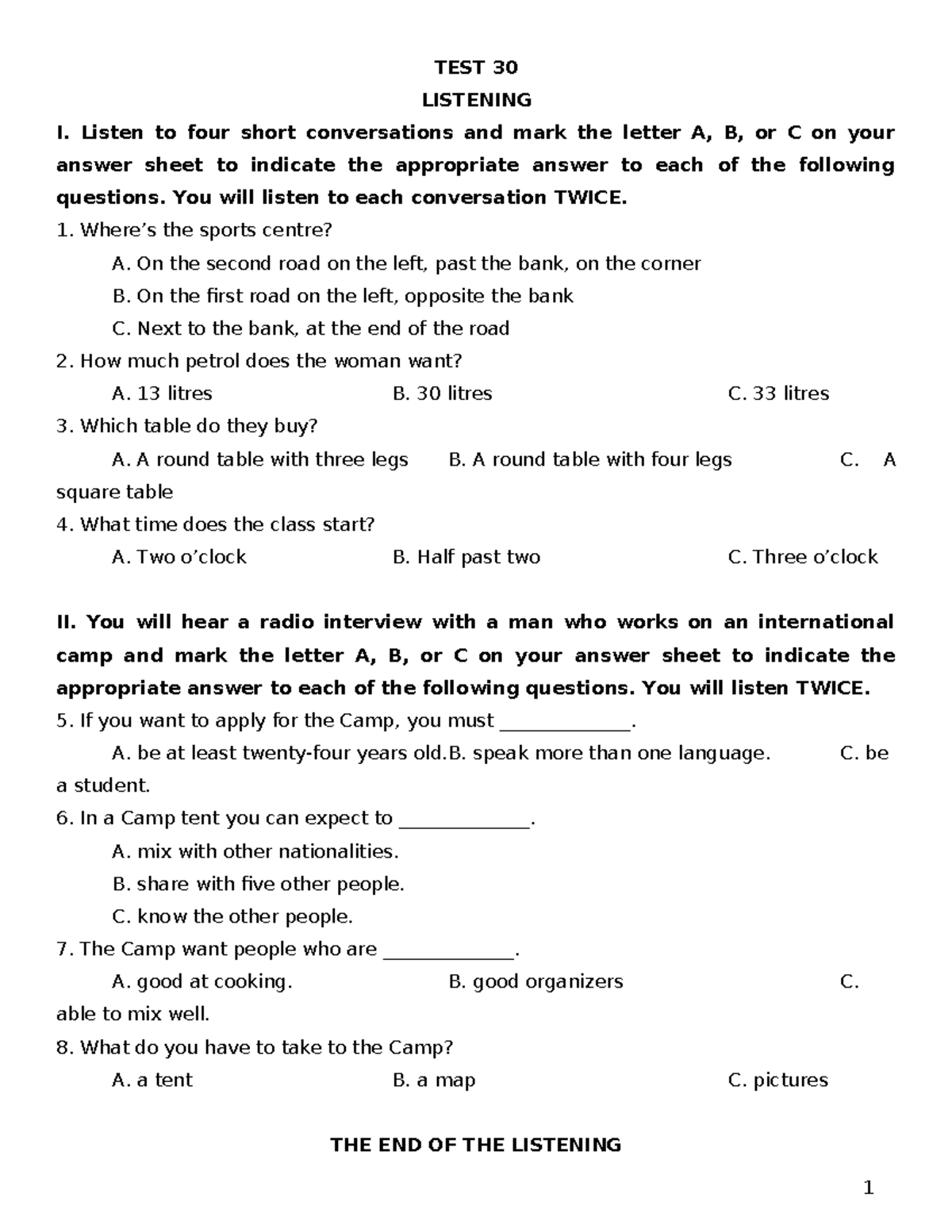 TEST 30 - Listening Comprehension Practice - Studocu