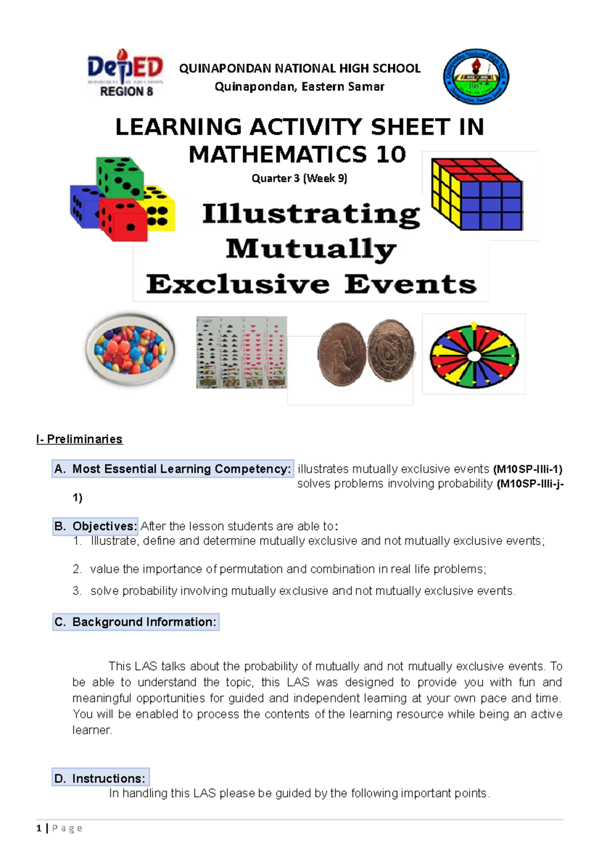 MATHEMATICS 10 Q3 WEEK 9 - Learning Activity Sheet on Probability - Studocu