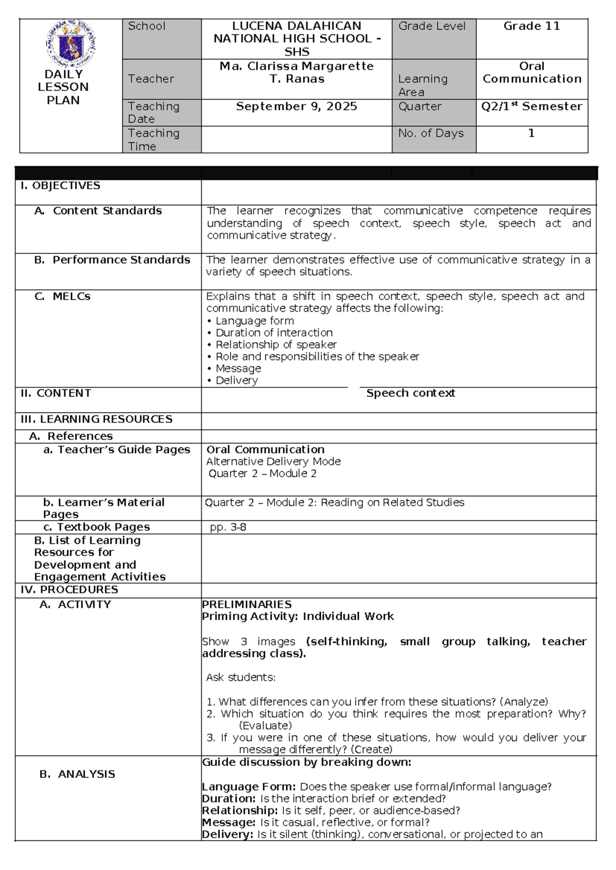 Q2 W2-D2 Lesson Plan for Oral Communication (Grade 11) - Studocu