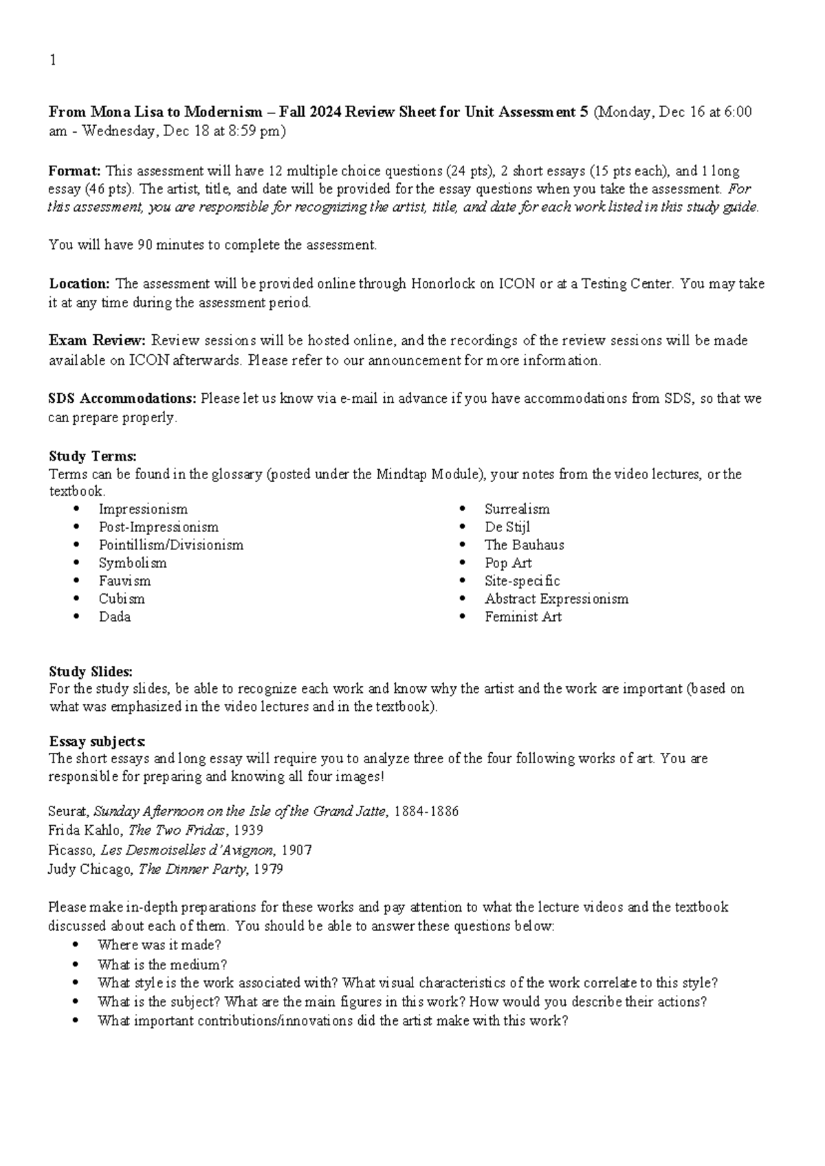 Unit Assessment 5 Study Guide: From Mona Lisa to Modernism (Fall 2024 ...