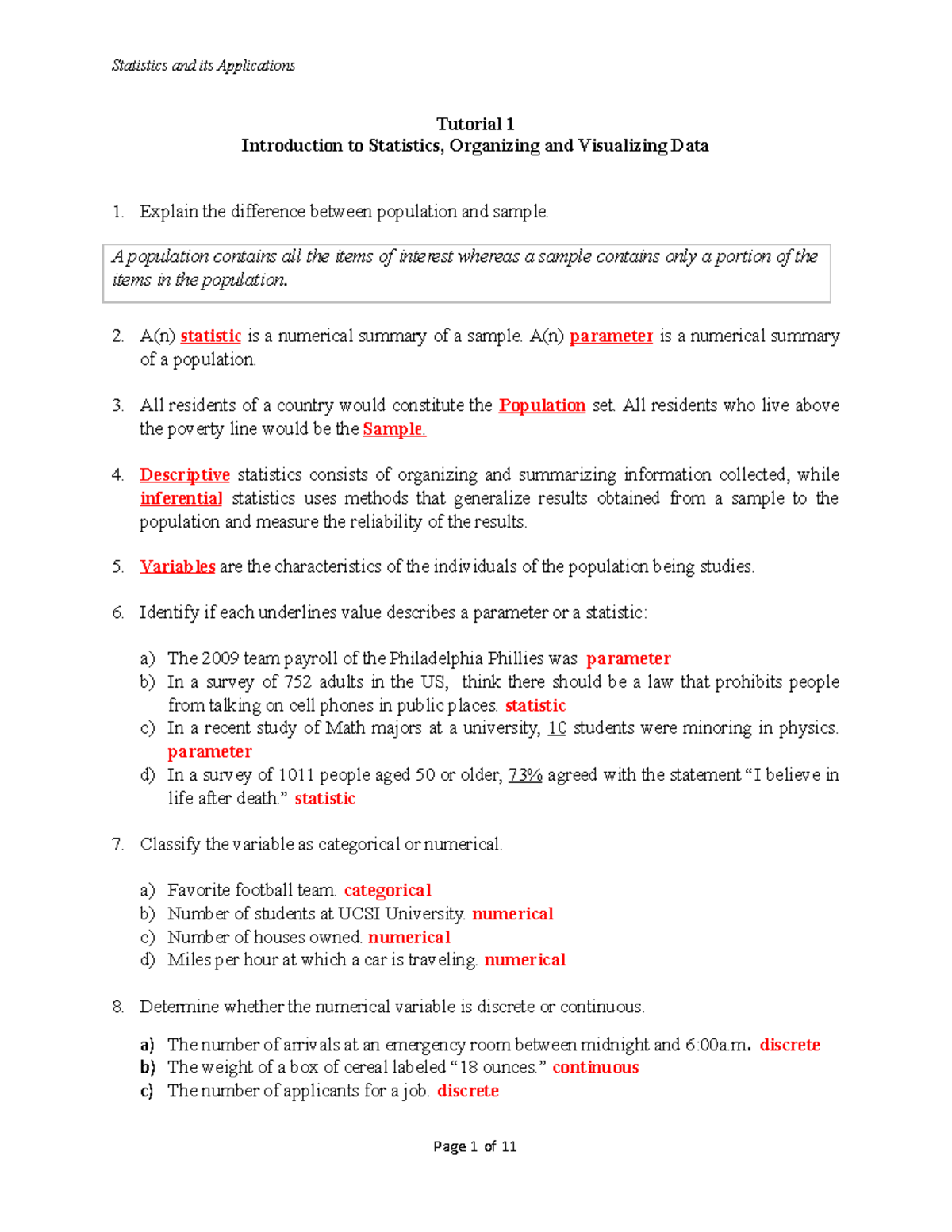 Solution Tutorial 1 - BBS1063 STATISTICS AND ITS APPLICATION - Tutorial 1 Introduction to - Studocu