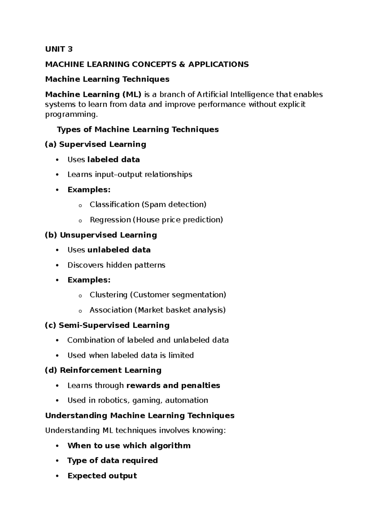 UNIT 3: Machine Learning Concepts & Applications (ML Minor) - Studocu