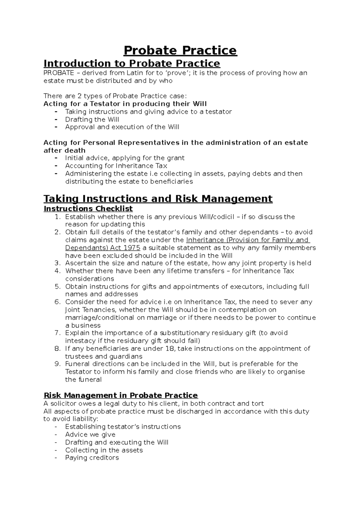 Probate Practice Guide: Essential Notes for Legal Professionals - Studocu