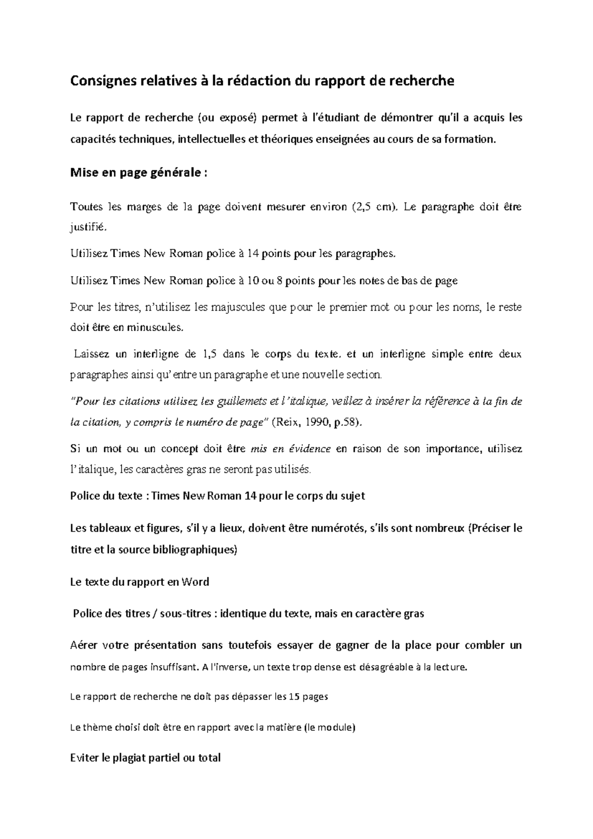 Consignes pour le Rapport de Recherche - Exposé Académique - Studocu