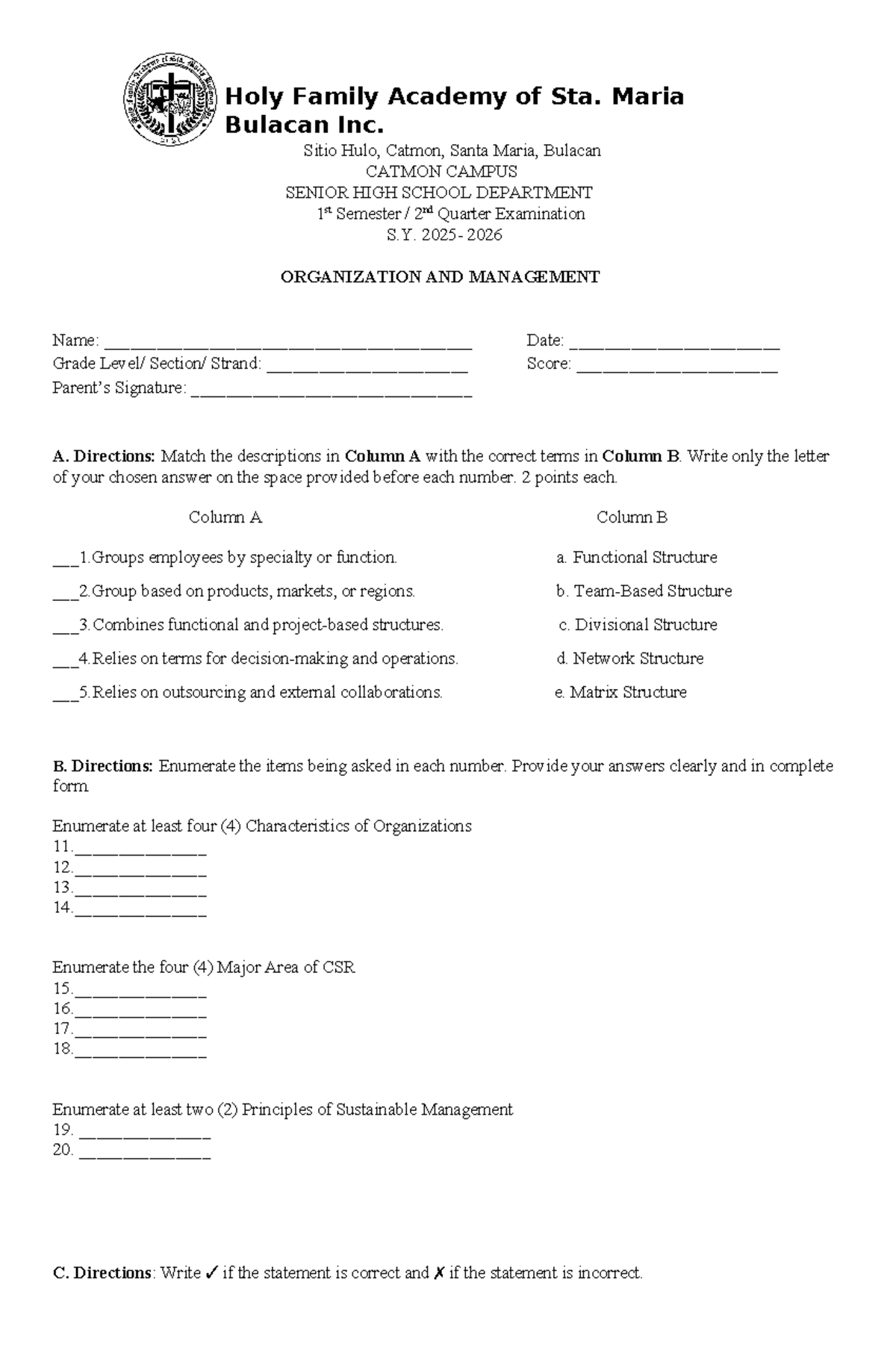 2ND SEM 2ND QTR EXAM IN ORGMA - ORGANIZATION & MANAGEMENT - Studocu