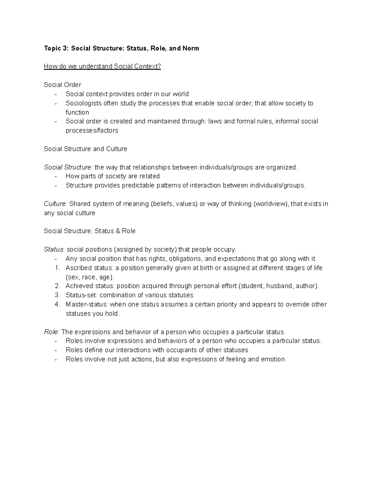 Soc 1101 Midterm 2 Study Notes: Social Structure & Culture Insights ...