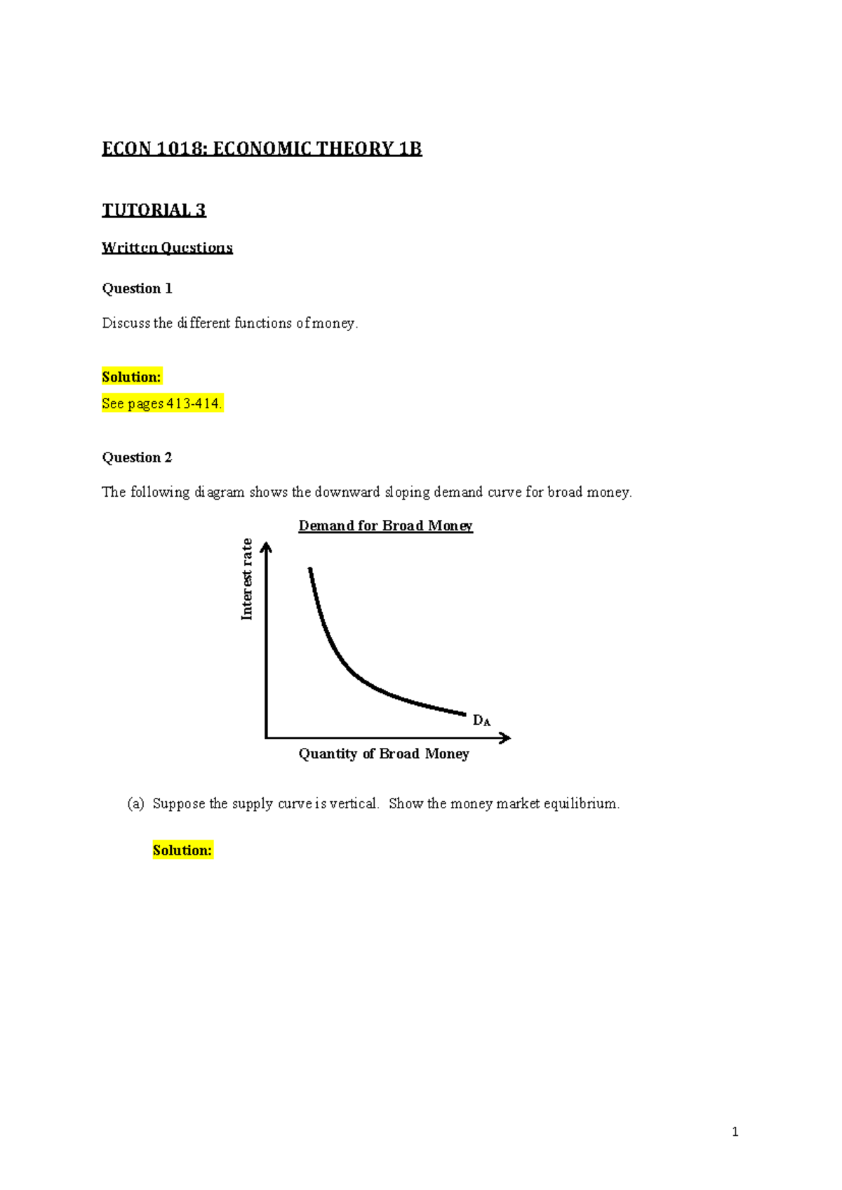ECON 1018: Economic Theory 1B Tutorial 3 Solutions and Analysis - Studocu