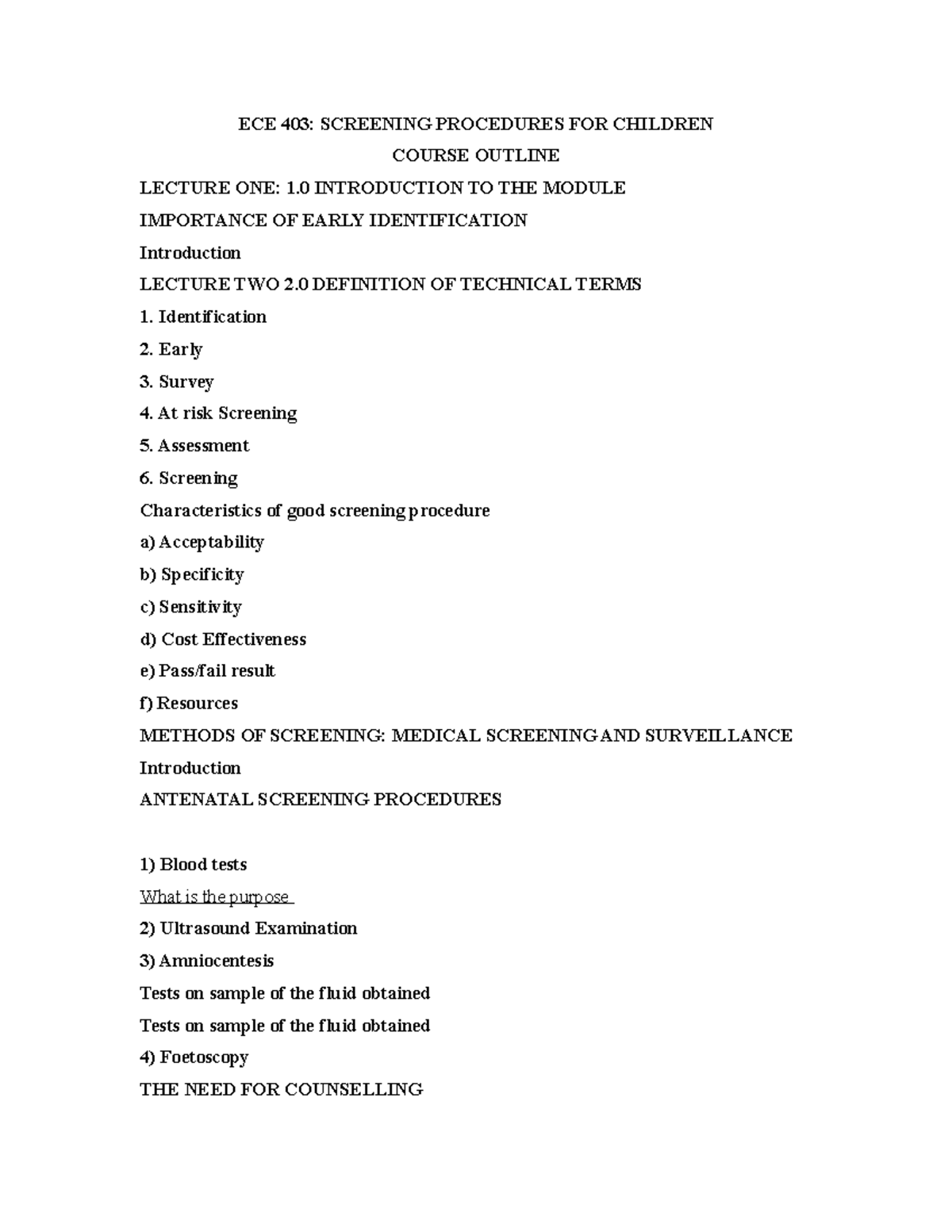 ECE 403 Lecture Notes: Screening Procedures for Children - Studocu
