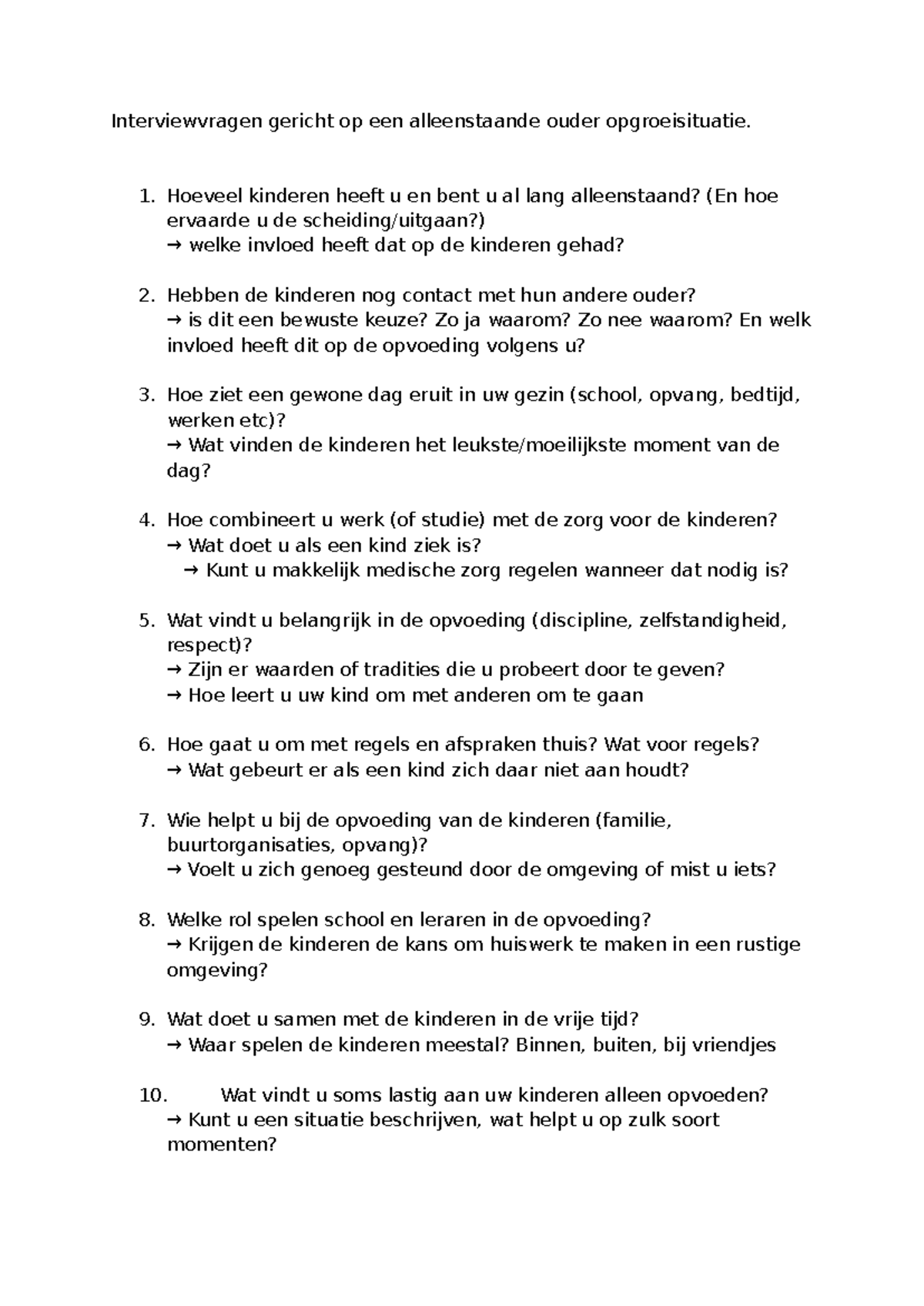 Interviewvragen voor Alleenstaande Ouders: Integratieve Opdracht ...