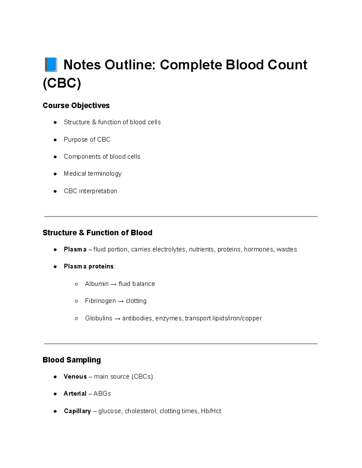 CBC Notes: Complete Blood Count Overview and Key Values - Studocu