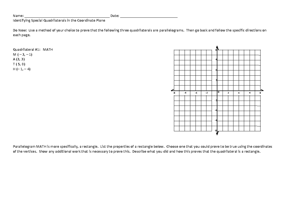 Coordinate Proof Practice: Identifying Special Quadrilaterals - Studocu