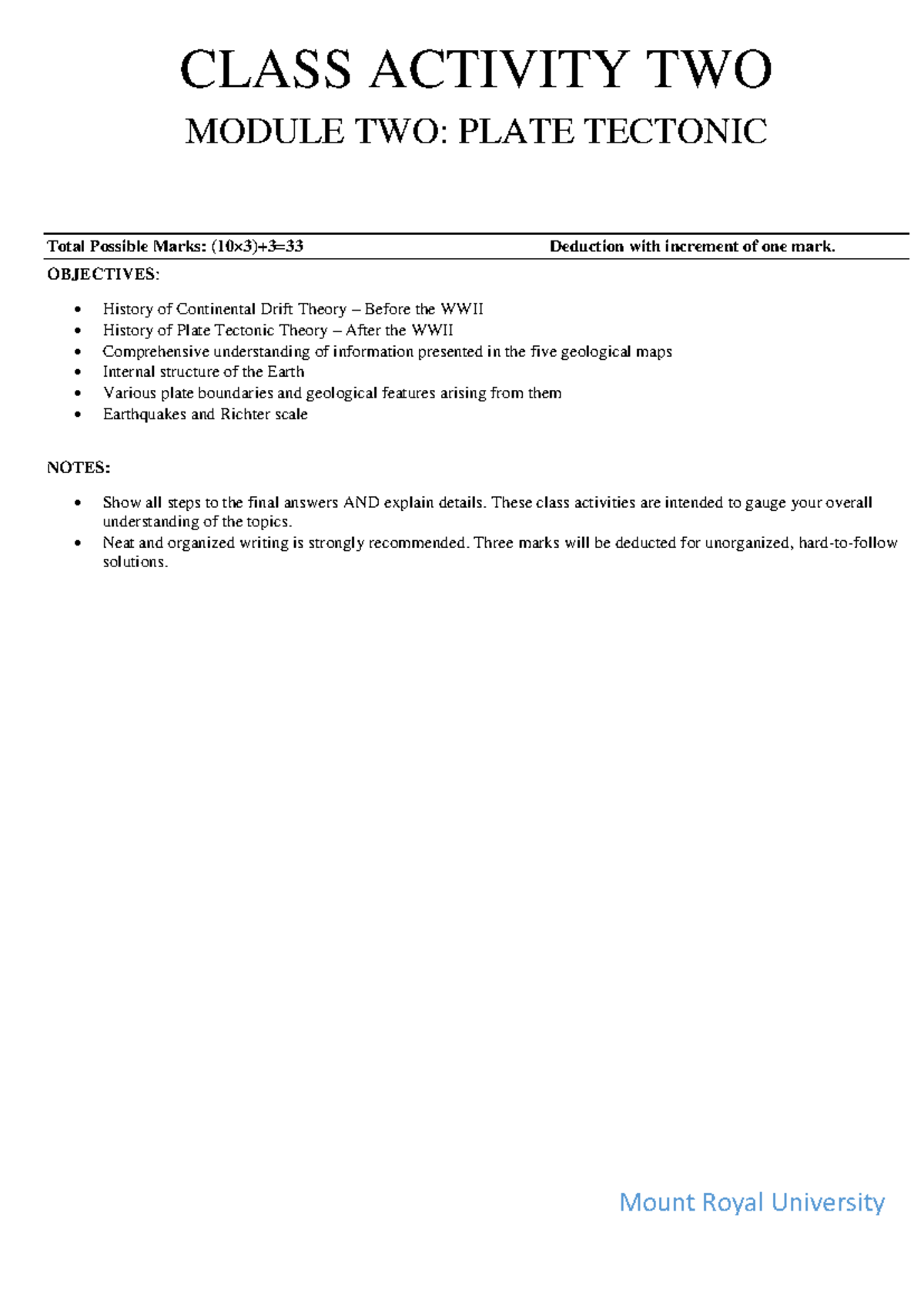 Class Activity Two - worksheet - Mount Royal University CLASS ACTIVITY ...