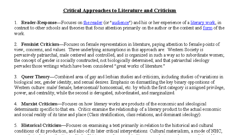 Critical Lenses in Literature: Theories and Approaches - Studocu