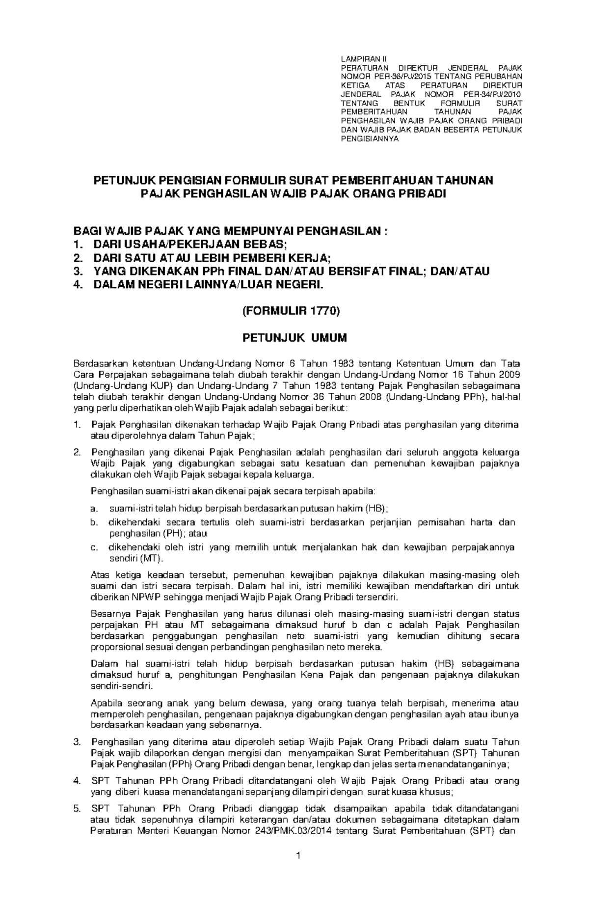 Lampiran II PER-36: Petunjuk Pengisian Formulir SPT Tahunan PPh 1770 ...