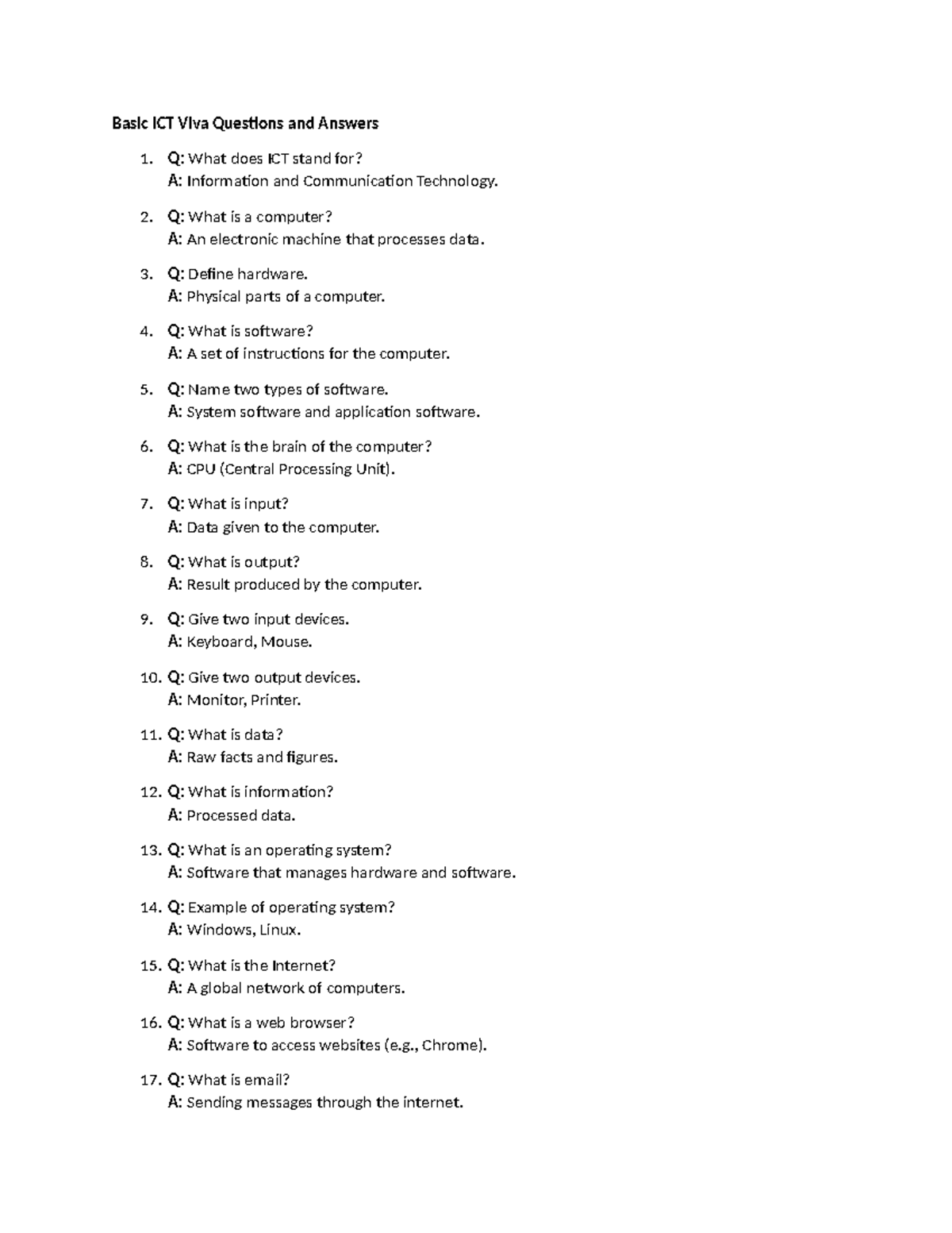 Basic ICT Viva Questions & Answers: Practice Material - Studocu