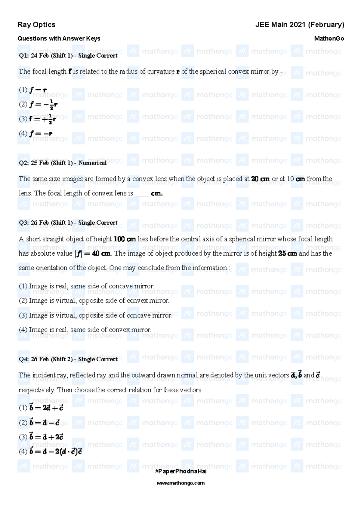 Ray Optics JEE Main 2021 (Feb) Questions & Answers - Studocu