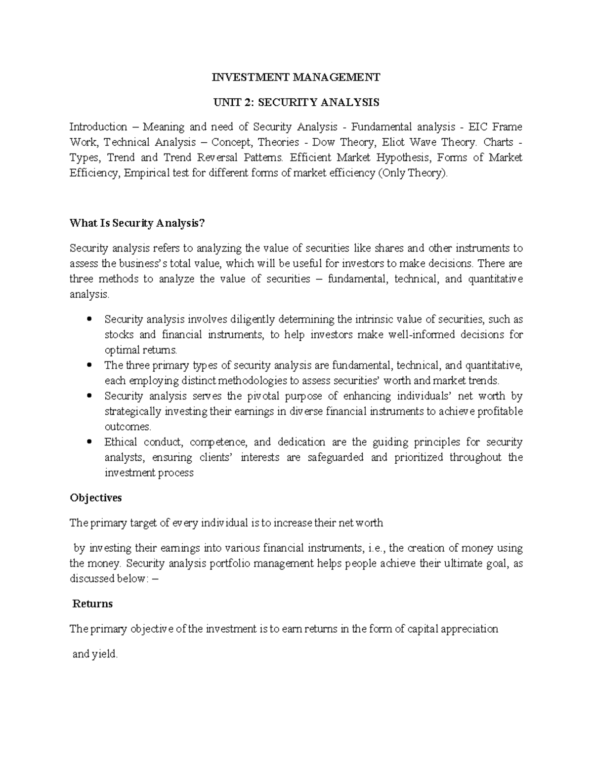 IM - UNIT 2 - NOTES ON SECURITY ANALYSIS & MARKET EFFICIENCY - Studocu