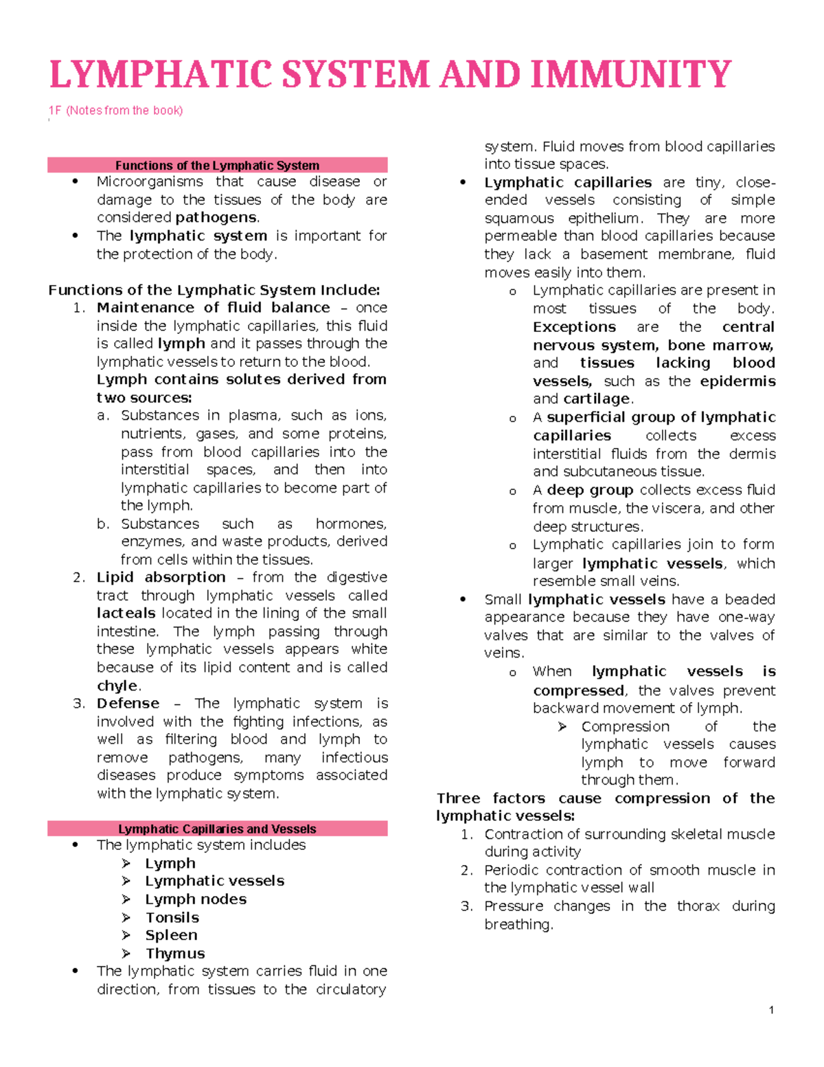 1F Immune System - LYMPHATIC SYSTEM AND IMMUNITY 1F (Notes from the ...