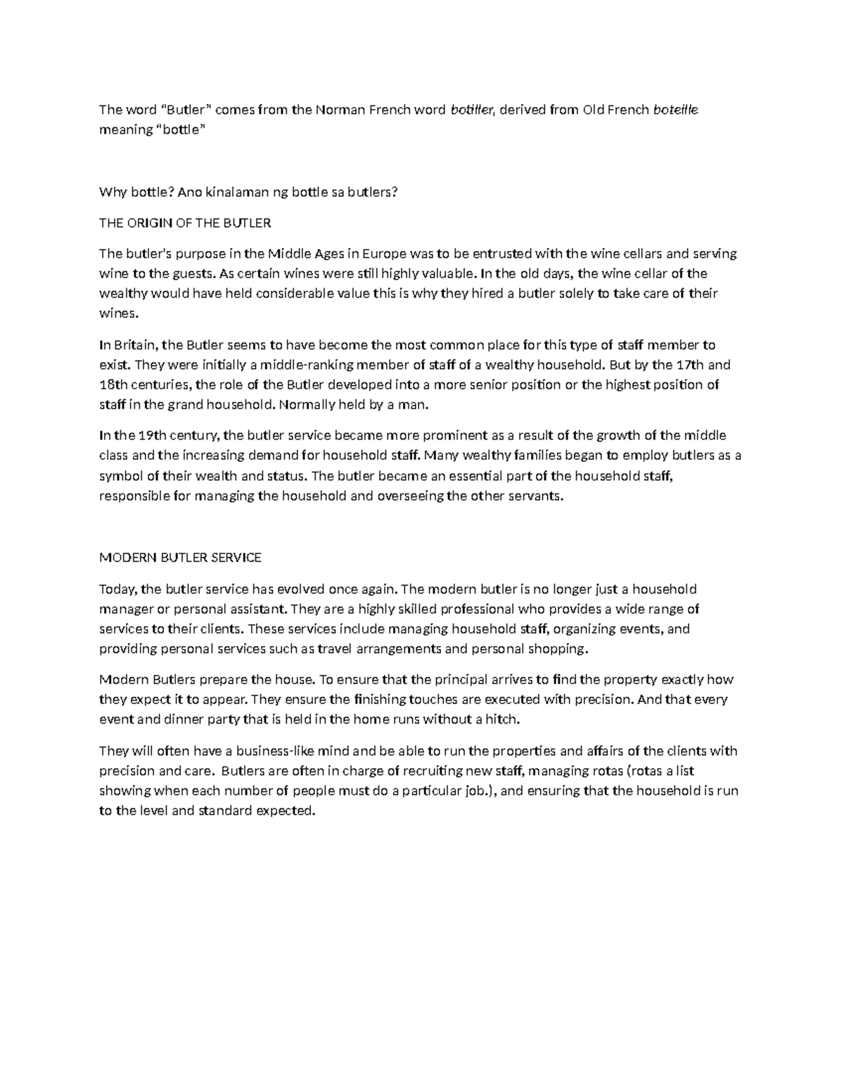 History-OF- Butlers - The word “Butler” comes from the Norman French ...