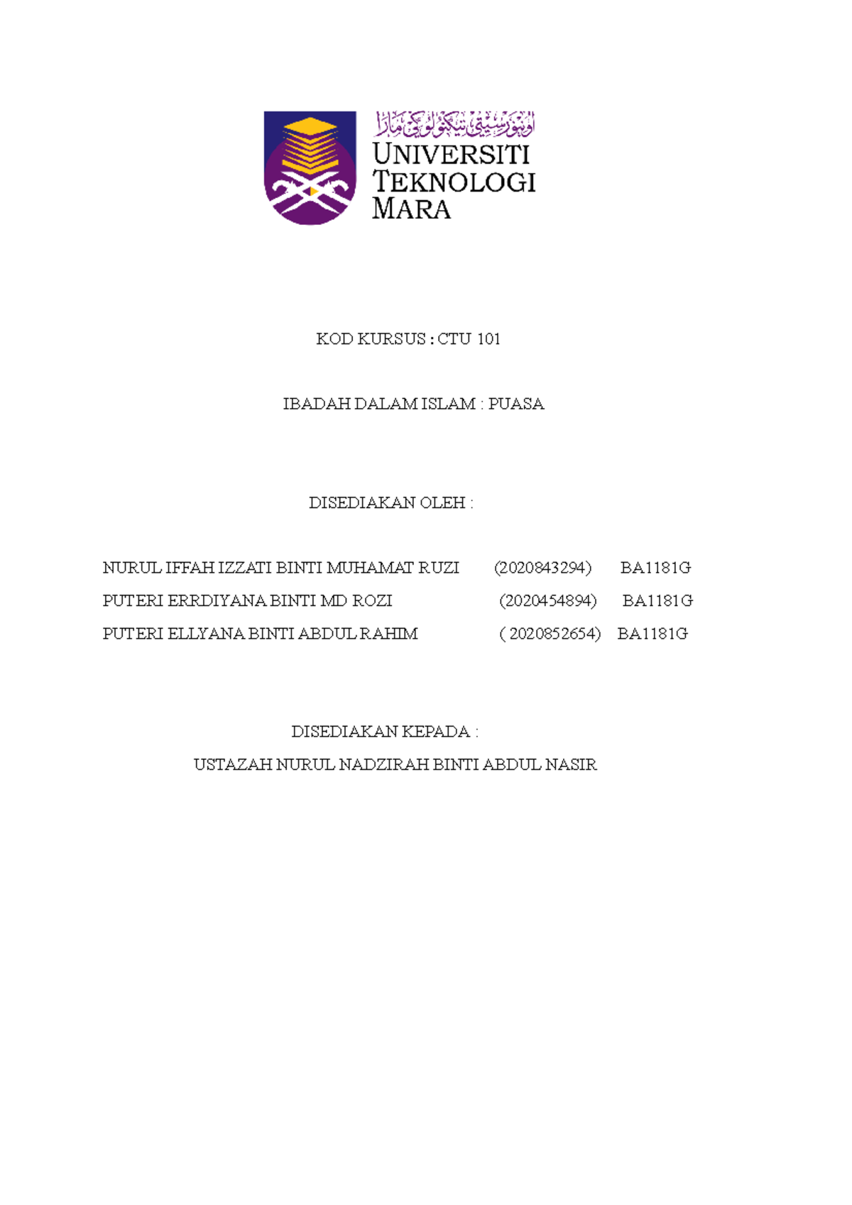 Assignment (CTU101): Ibadah Puasa dalam Islam dan Panduan Praktis - Studocu