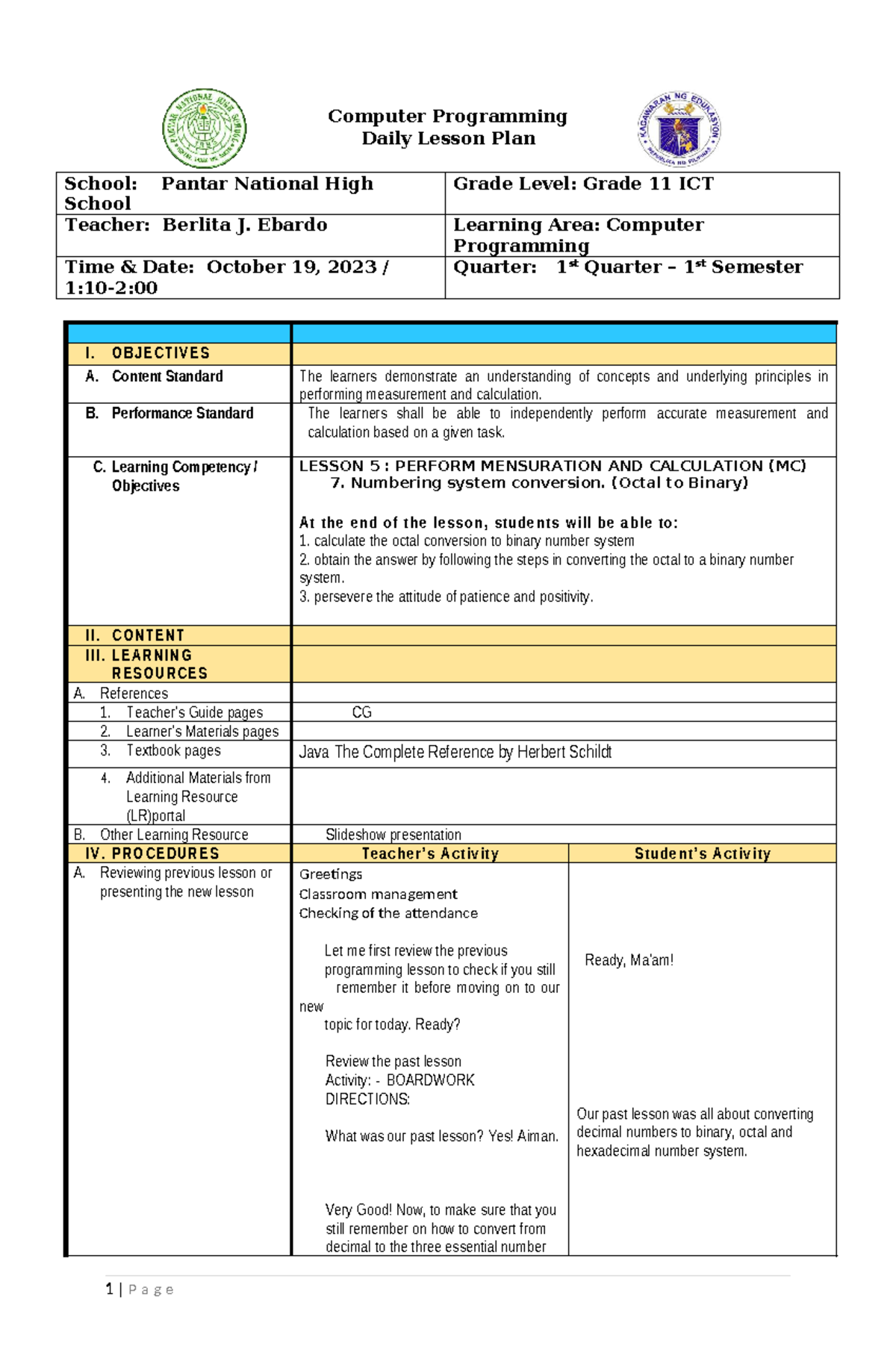 Computer Programming Lesson Plan: Octal to Binary Conversion (Grade 11 ...