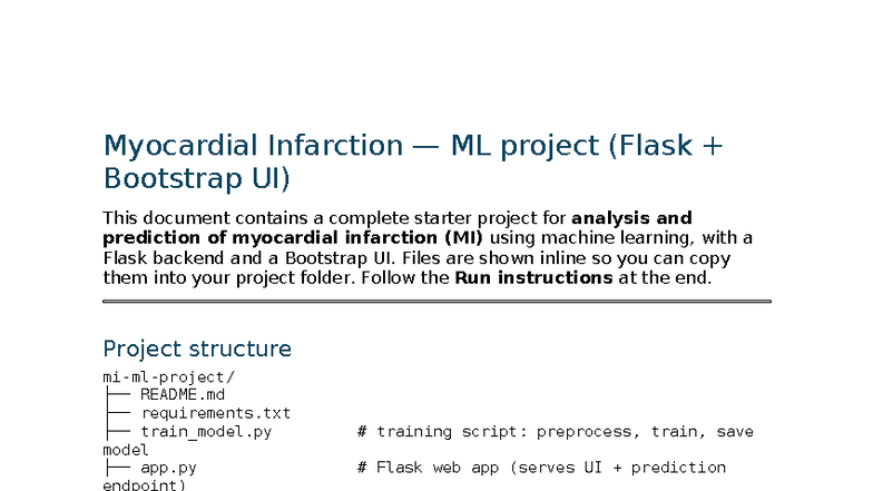 Myocardial Infarction ML Project (Flask & Bootstrap UI) - Studocu