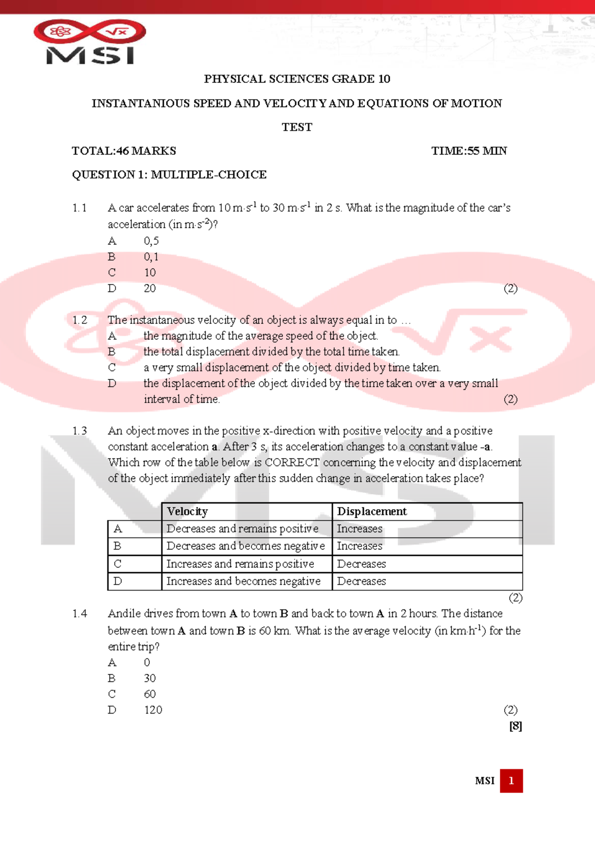 PHYSICAL SCIENCES GRADE 10: Equations of Motion Test - Studocu