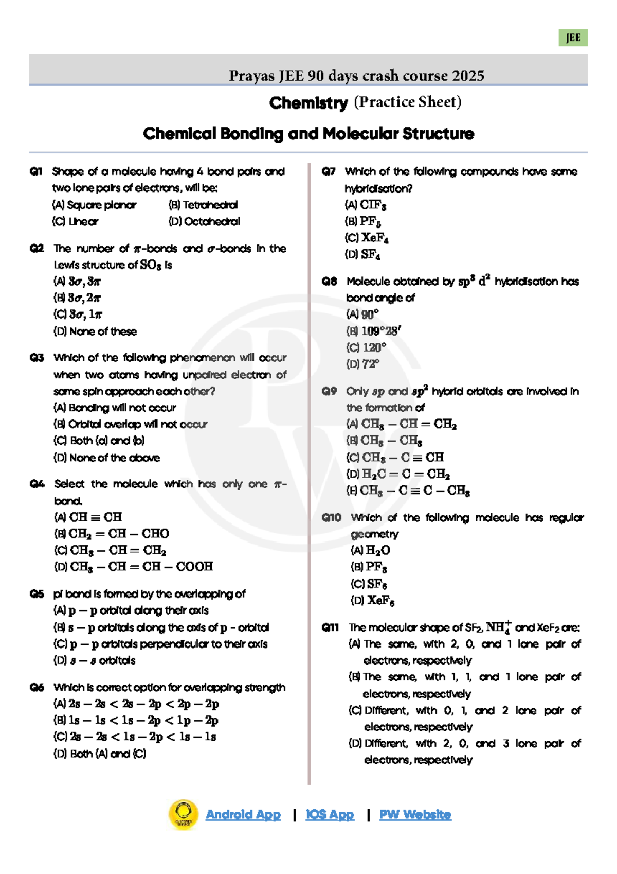 JEE 2025 Chemistry Practice Sheet: Chemical Bonding Concepts - Studocu
