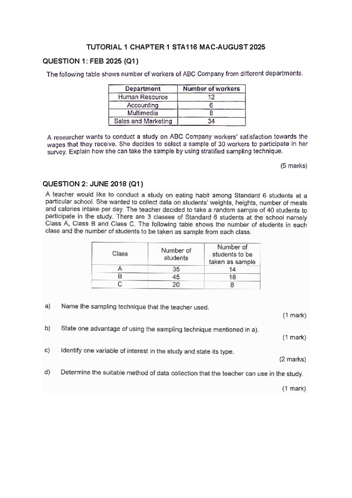Sta tuto 1 - TUTORIAL - Introduction to probability and statistics - TUTORIAL 1 CHAPTER 1 STA116 ...