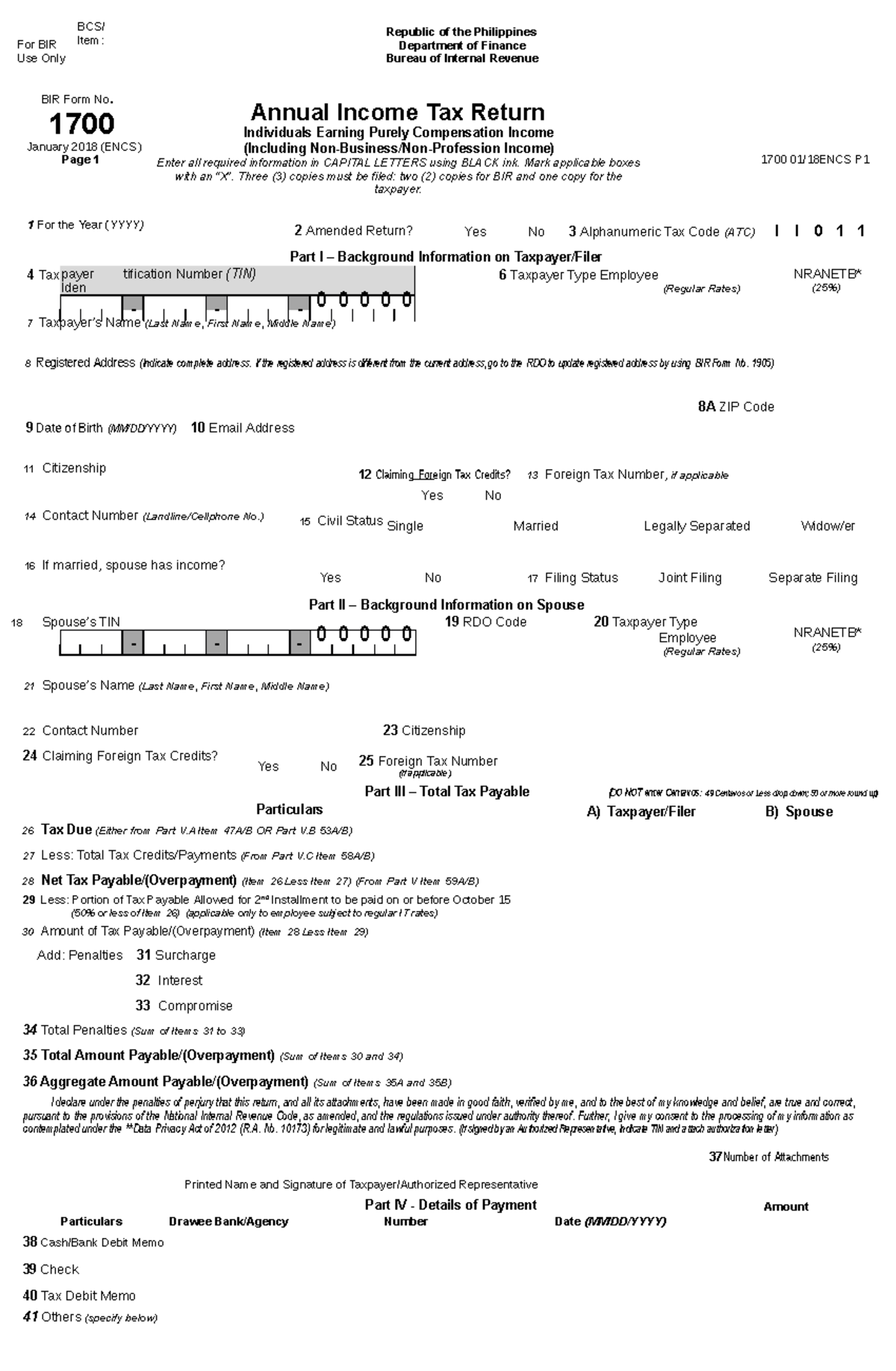 BIR-FROM-1700 - BIR FORM TRADING - For BIR Use Only BCS/ Item: Republic ...