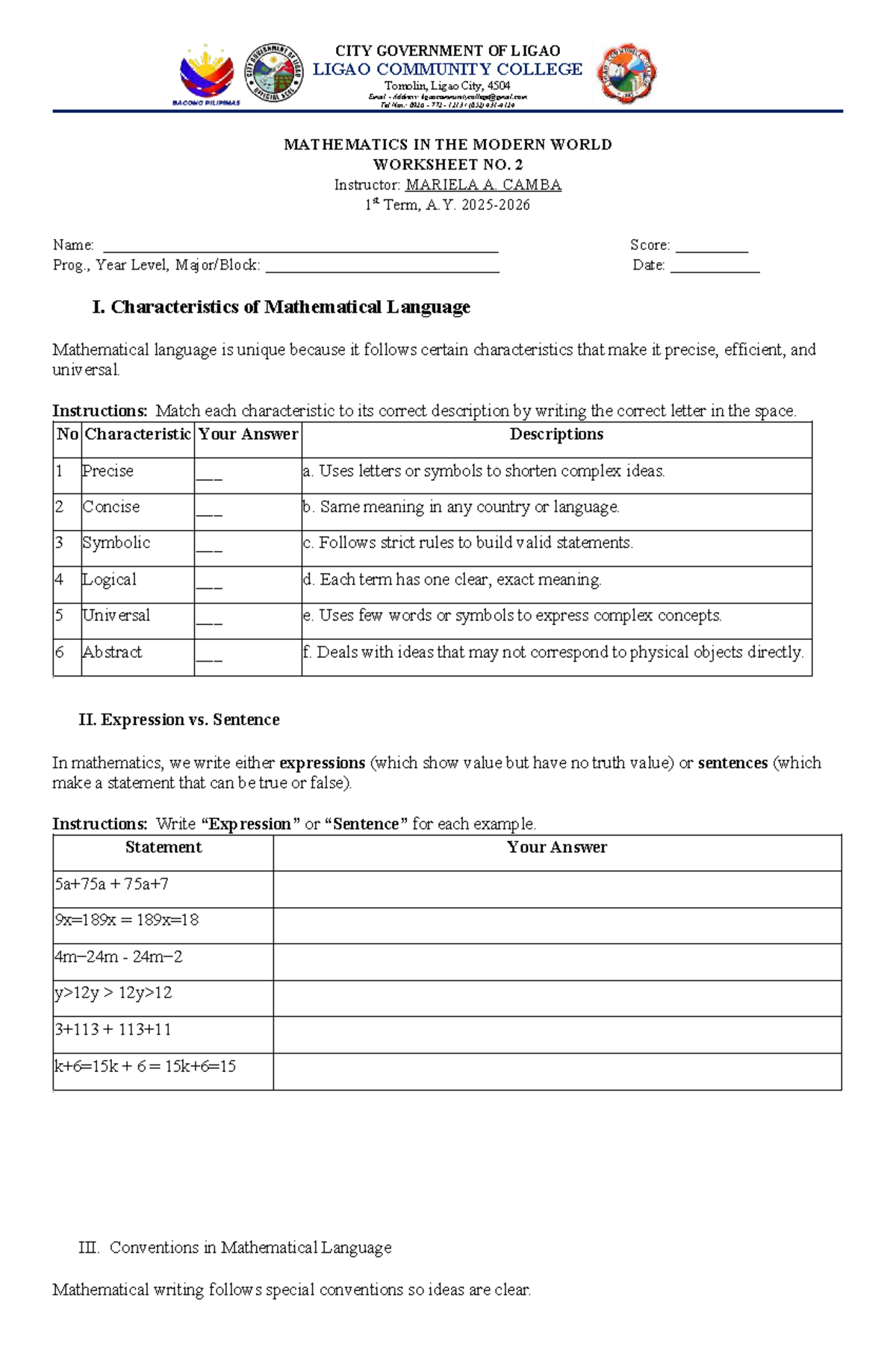 MATH 101: Worksheet No. 2 - Characteristics of Mathematical Language ...