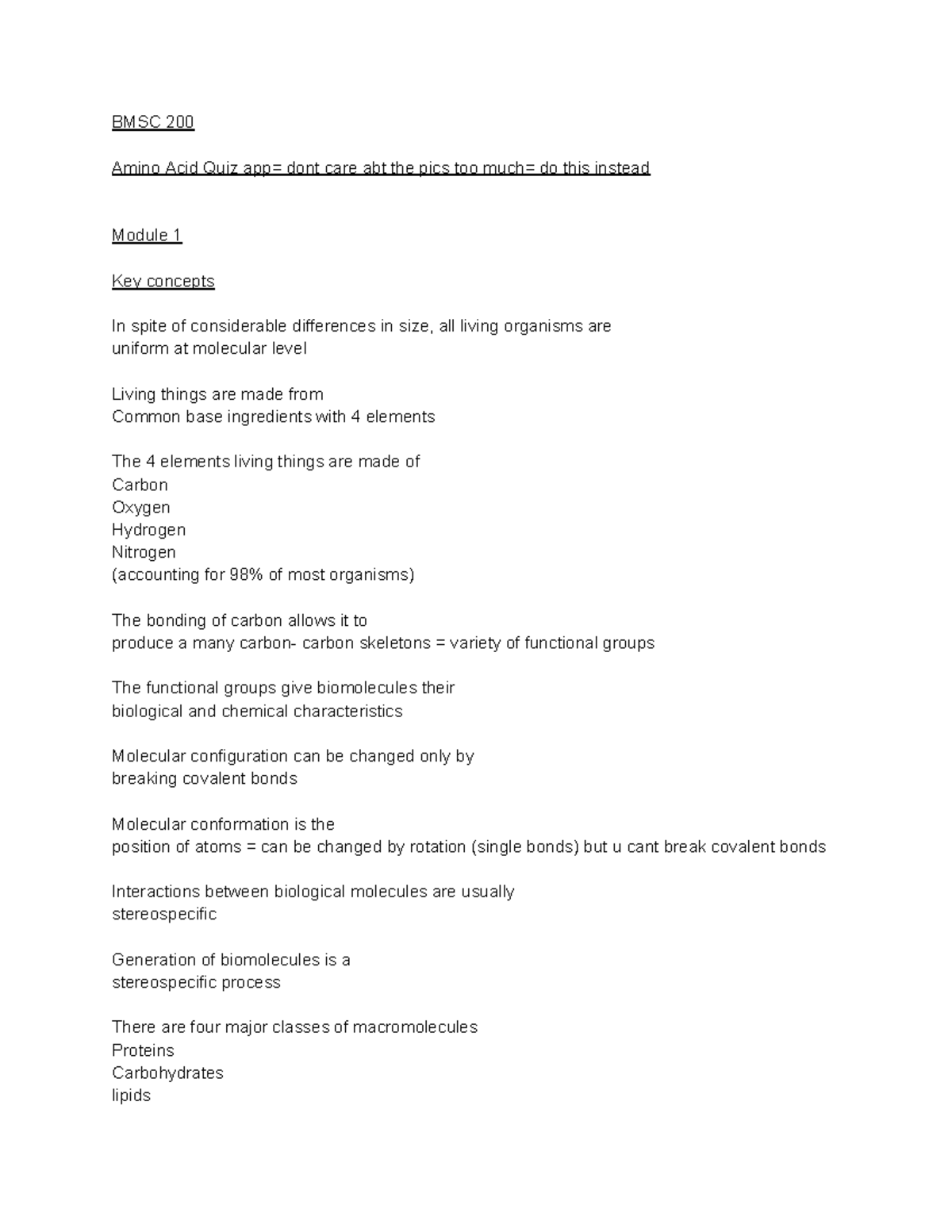 BMSC 200 Module 1: Key Concepts in Amino Acids and Biomolecules - Studocu