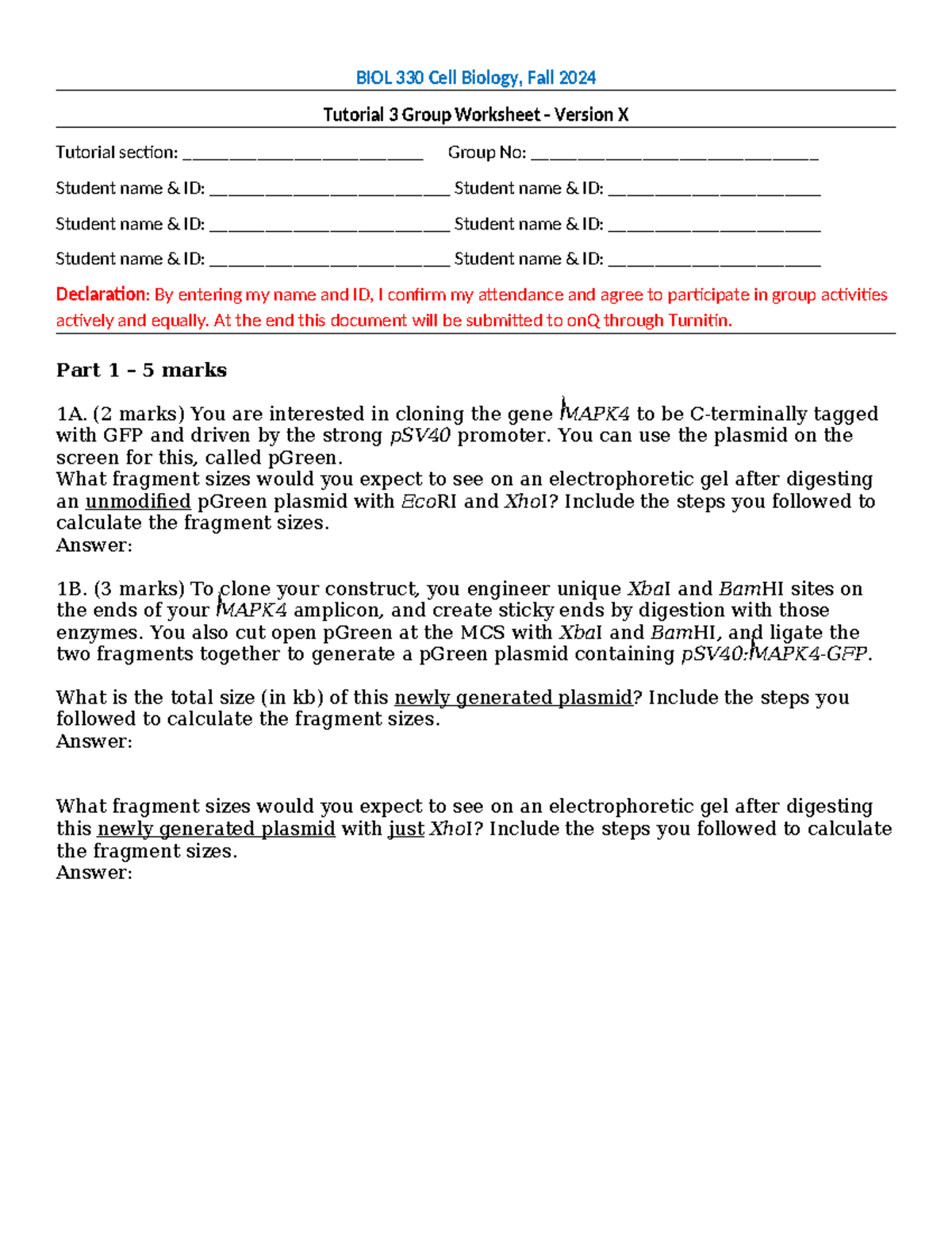 BIOL330 Fall 2024 Tutorial 3 Worksheet Version X - Studocu
