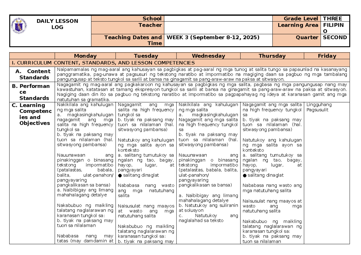 DAILY LESSON LOG: Grade 3 Filipino Week 3 (Sept 2025) - Studocu