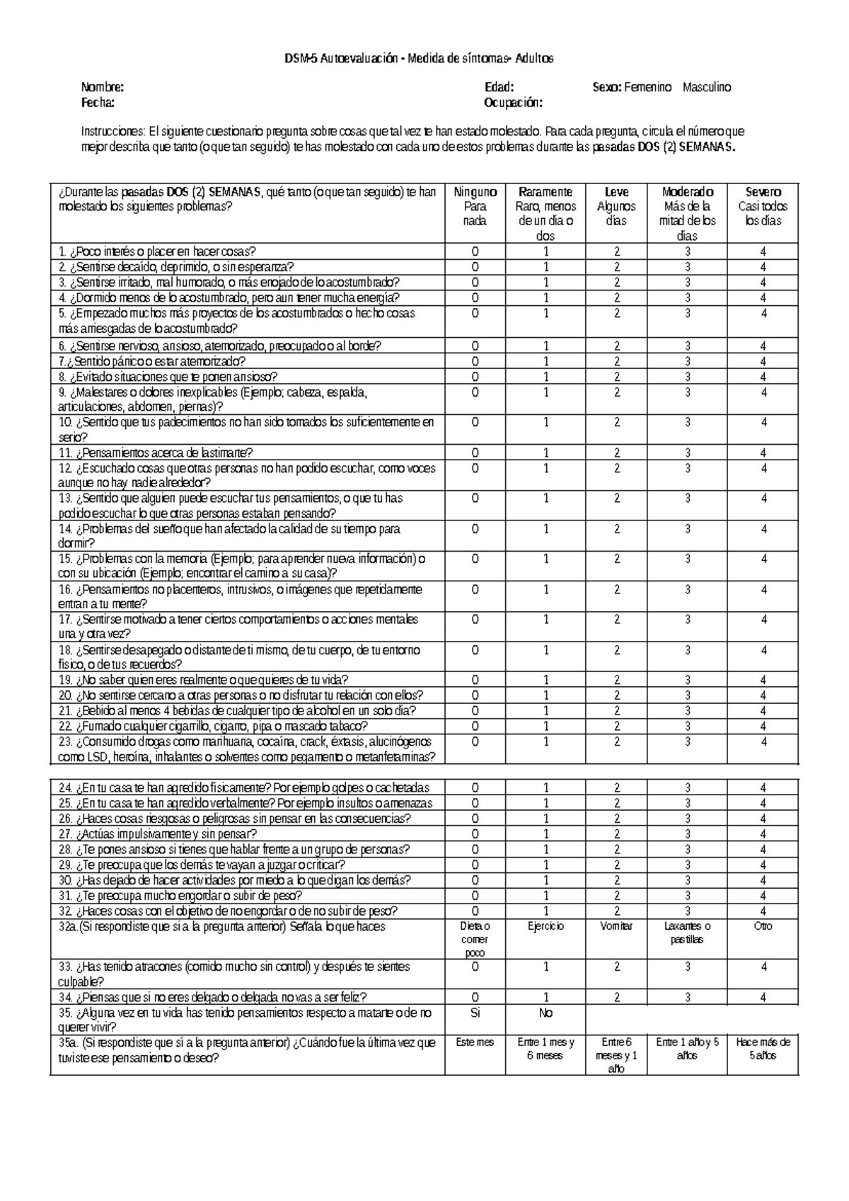 Cuestionario de Autoevaluación DSM-5 para Adultos - Studocu