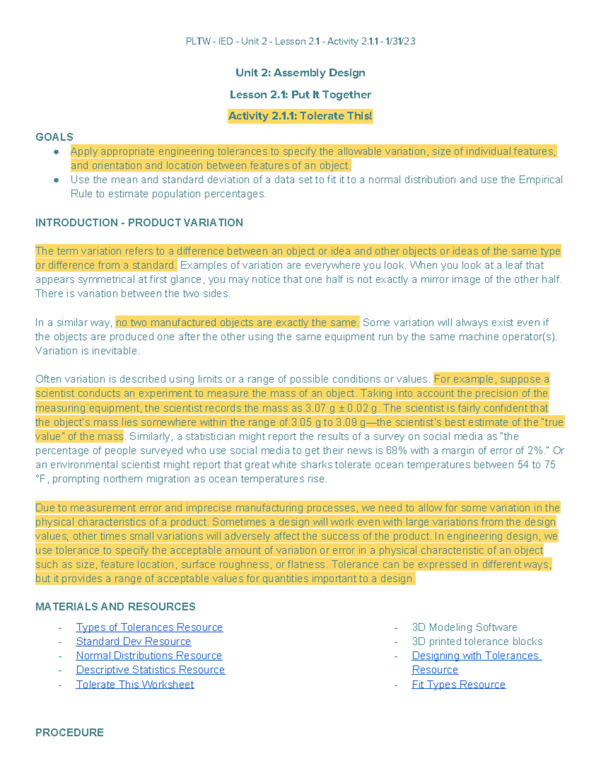 PLTW IED: Unit 2 - Lesson 2.1 - Activity 2.1.1 Tolerances Explained - Studocu