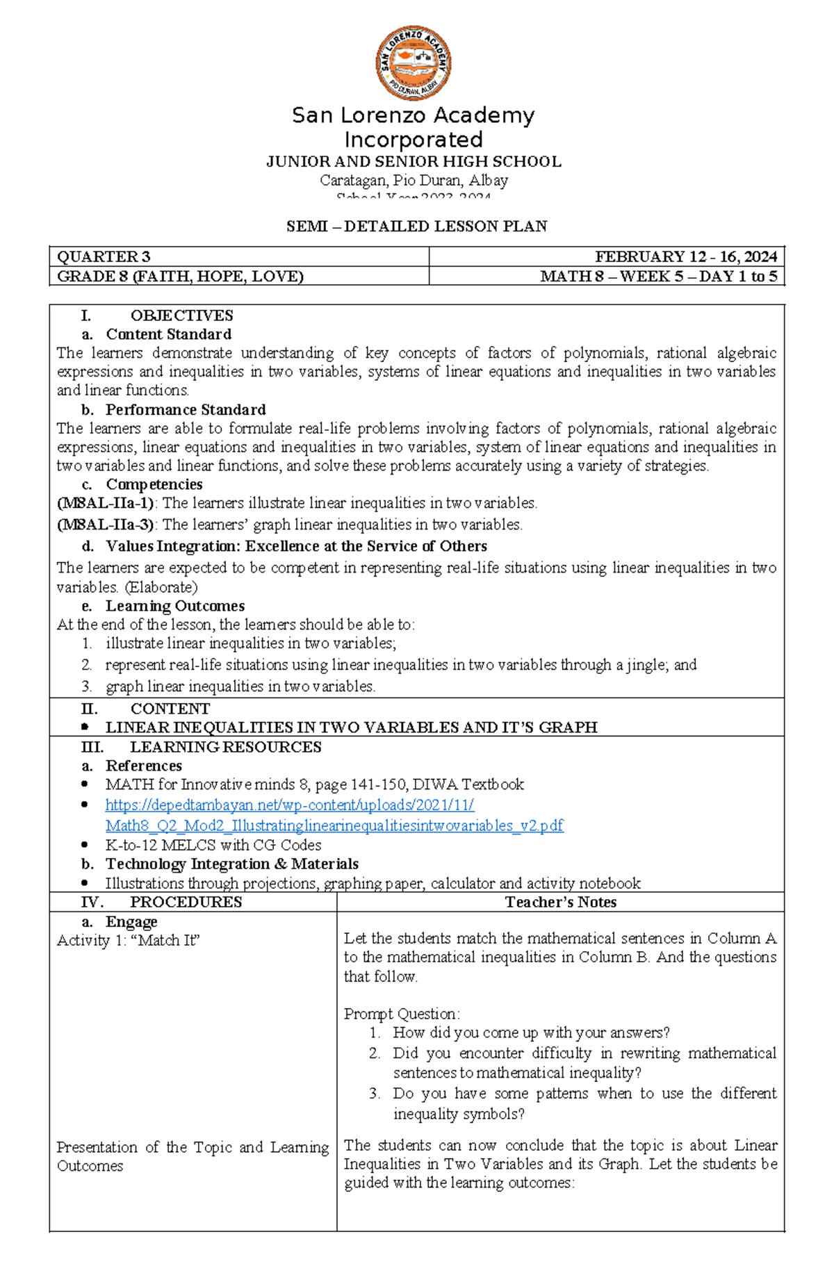 MATH 8-WK 5-Lesson Plan on Linear Inequalities (Q3) - Studocu