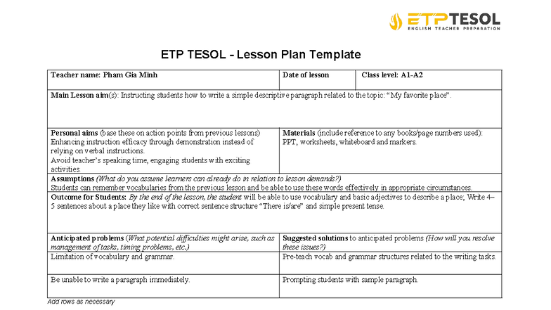 ETP TESOL Lesson Plan: Writing Descriptive Paragraphs - Studocu