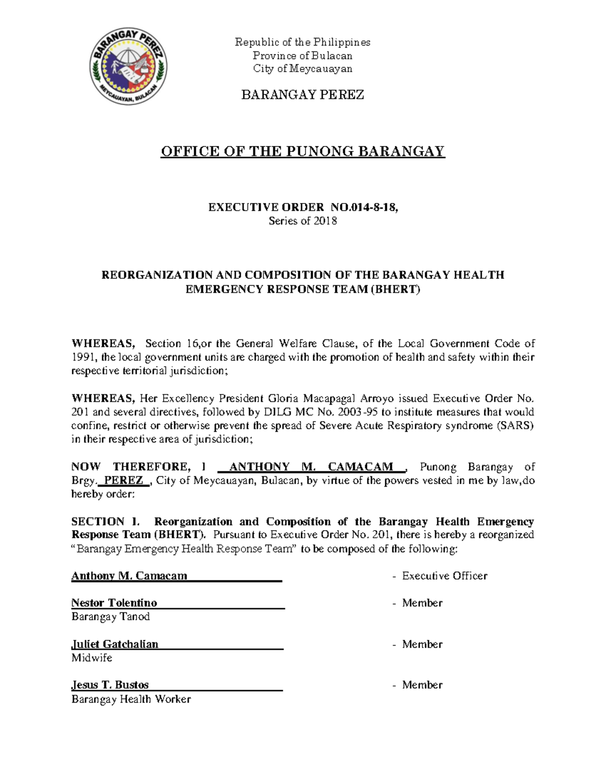 Reorganization of Barangay Health Emergency Response Team (BHERT) - EO ...