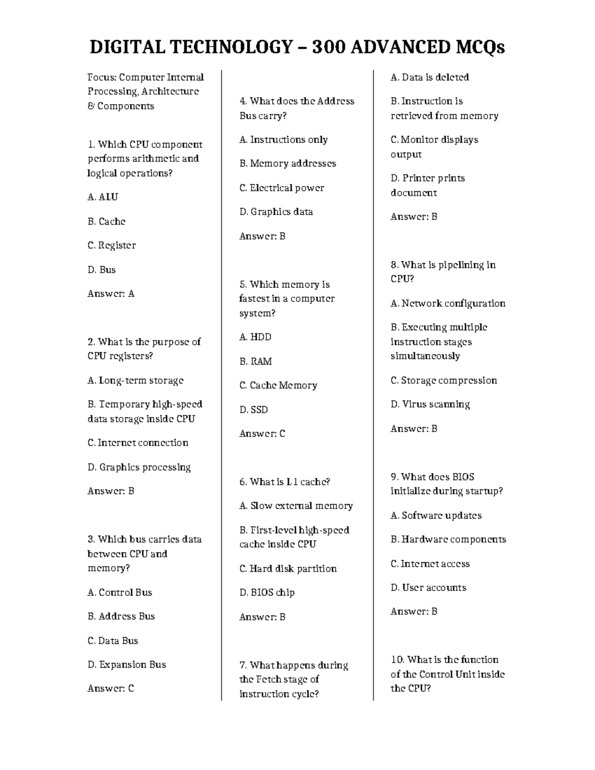 DIGITAL TECHNOLOGY 300 ADVANCED MCQs on Computer Architecture and ...