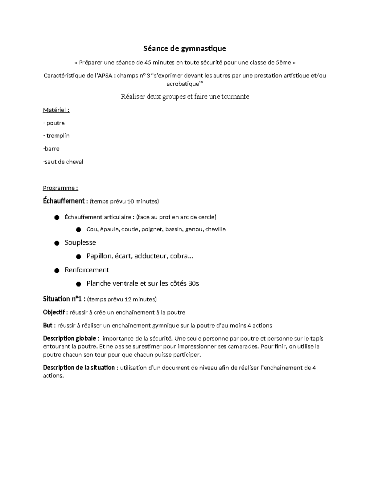 Séance de Gymnastique L2 : Préparation et Sécurité en 5ème - Studocu