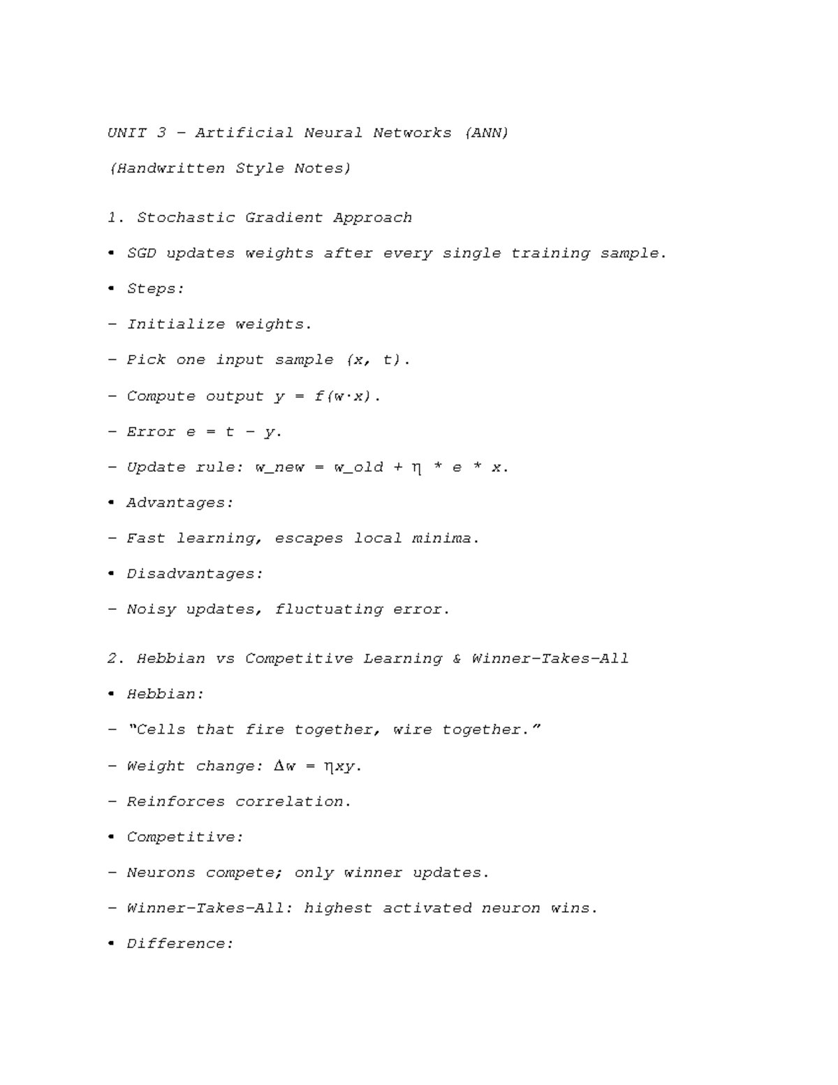 UNIT 3 ANN Handwritten Notes: Stochastic Gradient & Learning Types ...