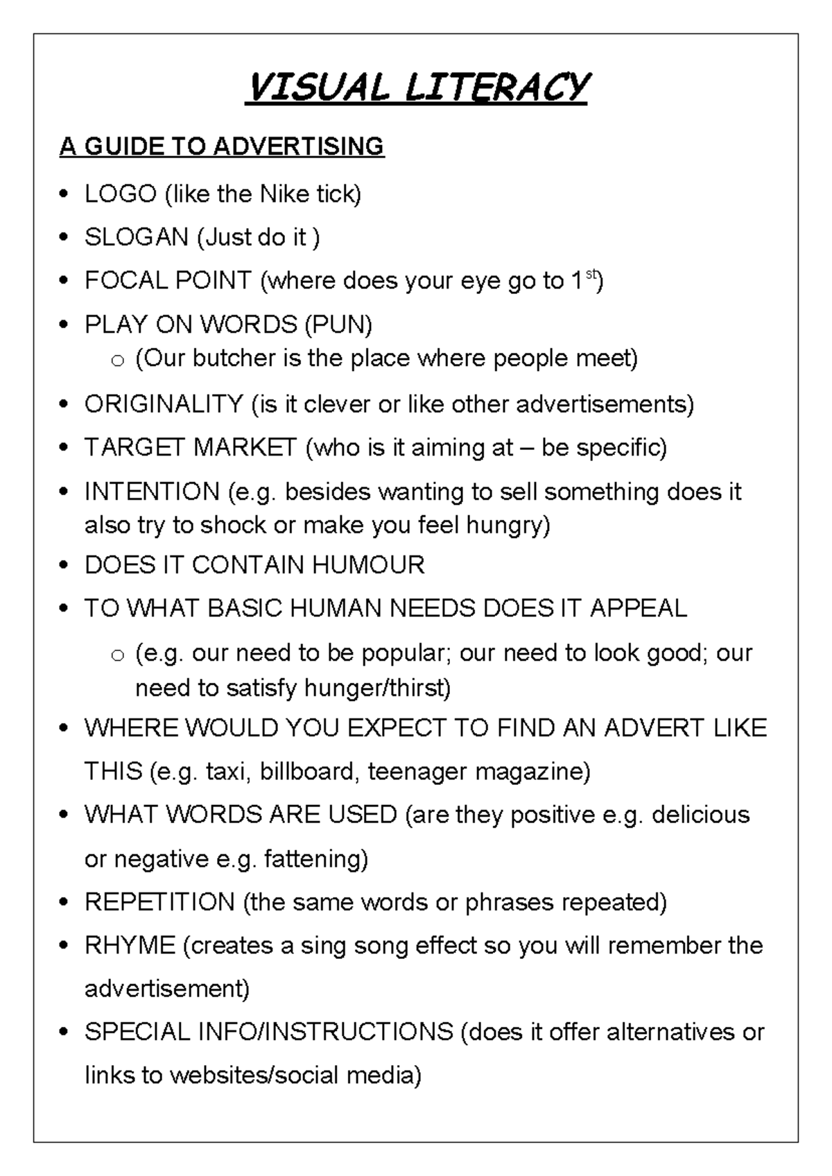 Grade 10 Visual Literacy: Advertising Elements & Terminology Guide ...