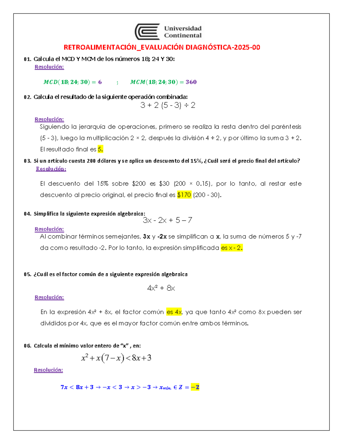 Evaluación Diagnóstica - Solucionario 2025 - Matemáticas - Studocu