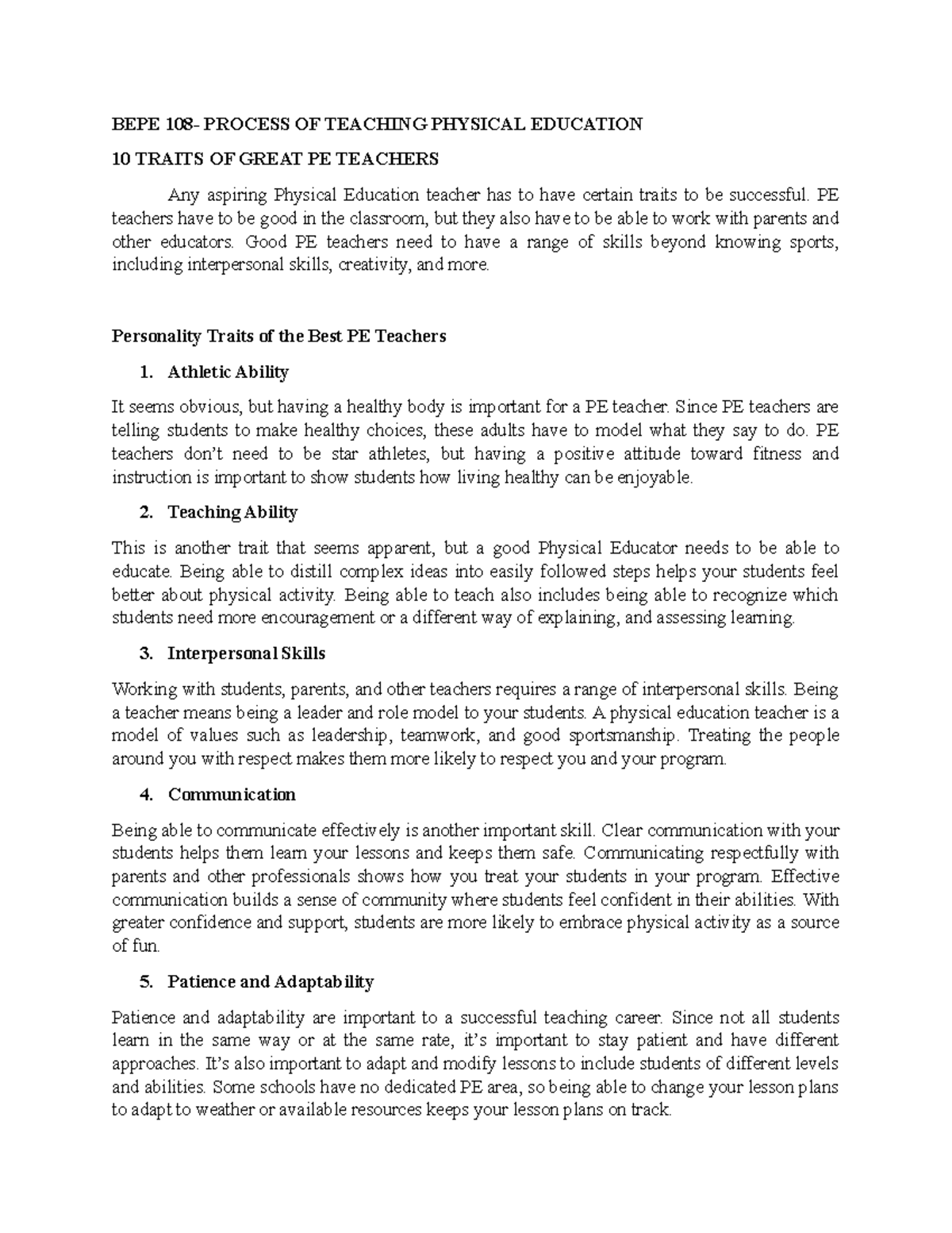 BEPE 108 - Essentials of Effective Physical Education Teaching - Studocu