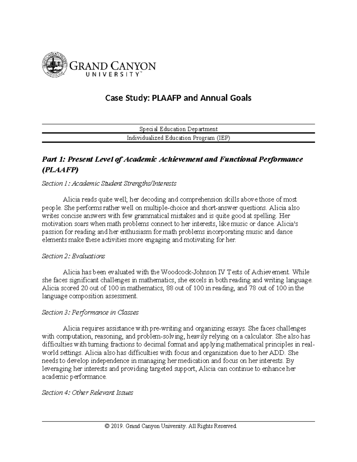 SPD-300-Case Study- Plaafp and Annual Goals - Case Study: PLAAFP and ...