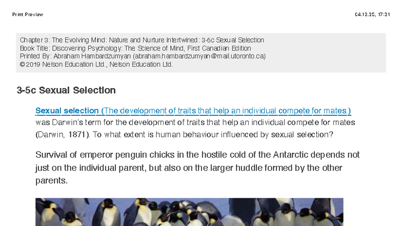 3-5c Sexual Selection: Chapter 3 Insights from Discovering Psychology ...