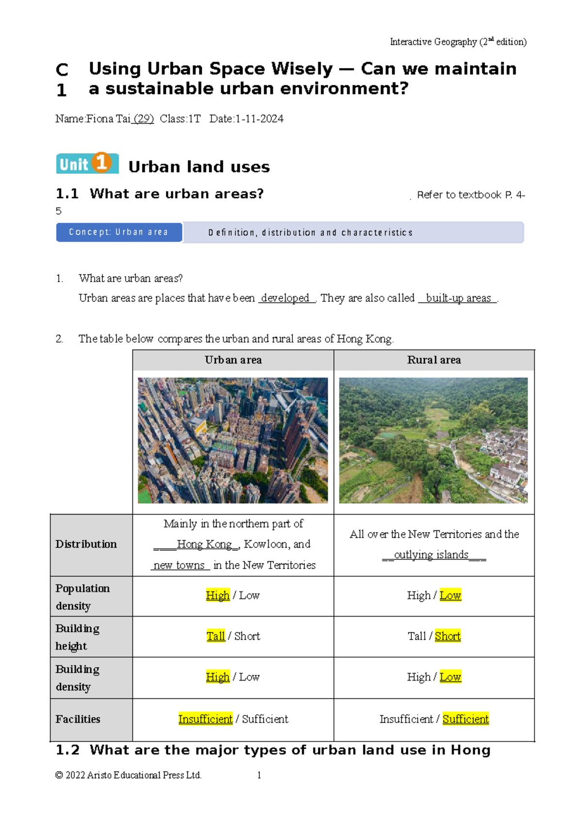 C1 Geography Worksheet: Sustainable Urban Space & Land Use Analysis ...