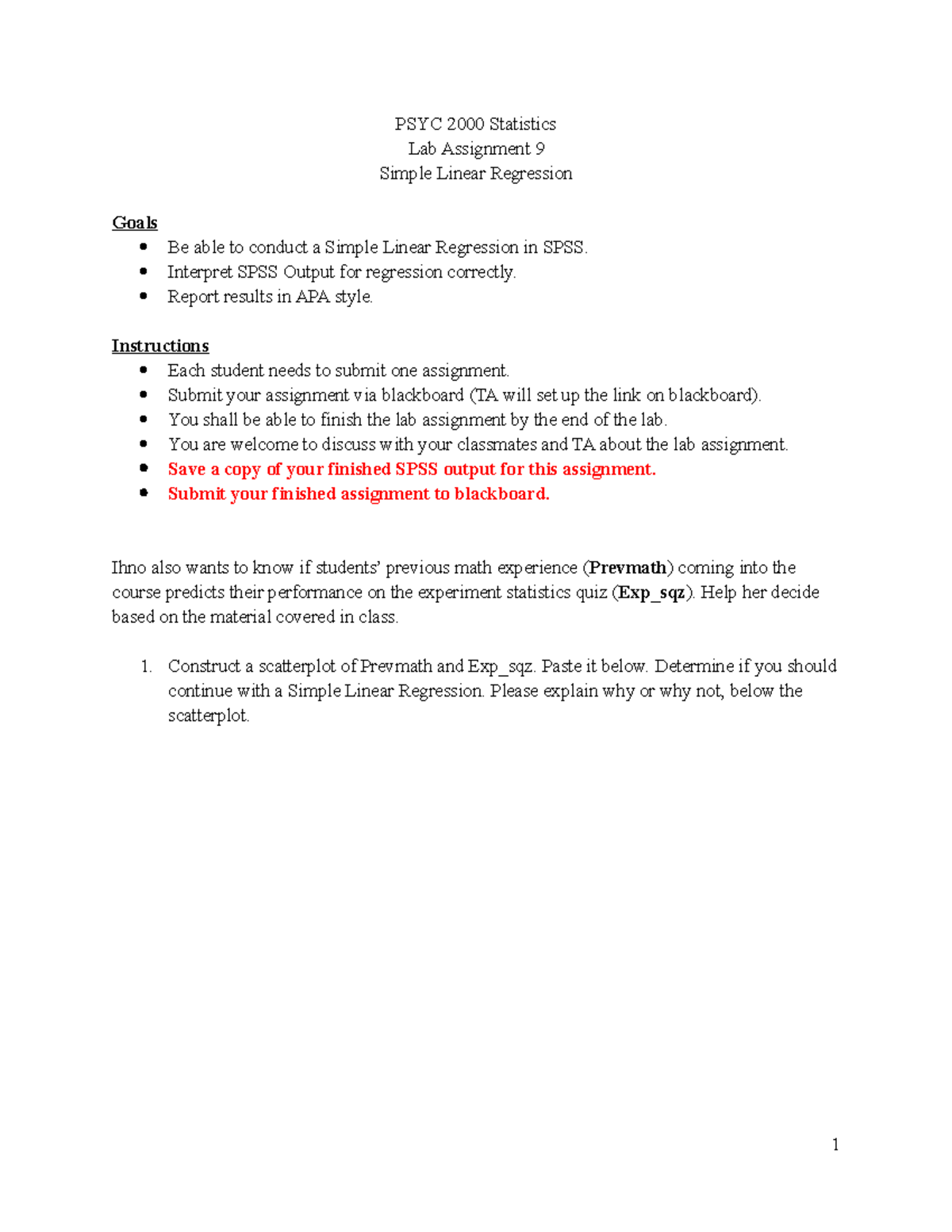 Lab assignment 9 simple linear regression - PSYC 2000 Statistics Lab ...