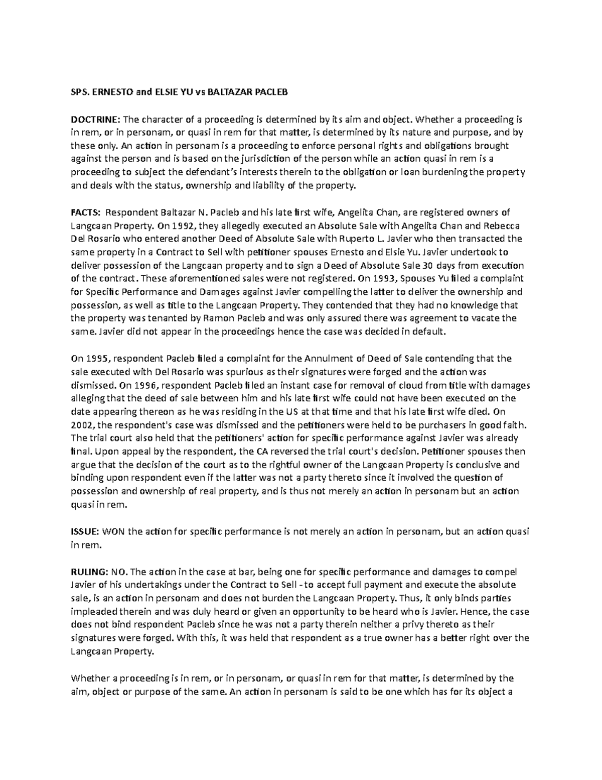 Yu v. Pacleb - Legal Case Digest on Specific Performance - Studocu